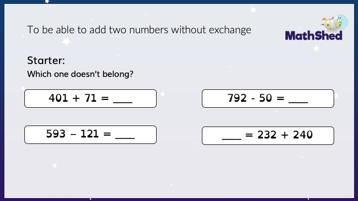 MathShed Lesson 12 To Be Able To Add Two 3 digit Numbers No Exchange MathShed Lesson 12 To Be Able To Add Two 3 digit Numbers No Exchange