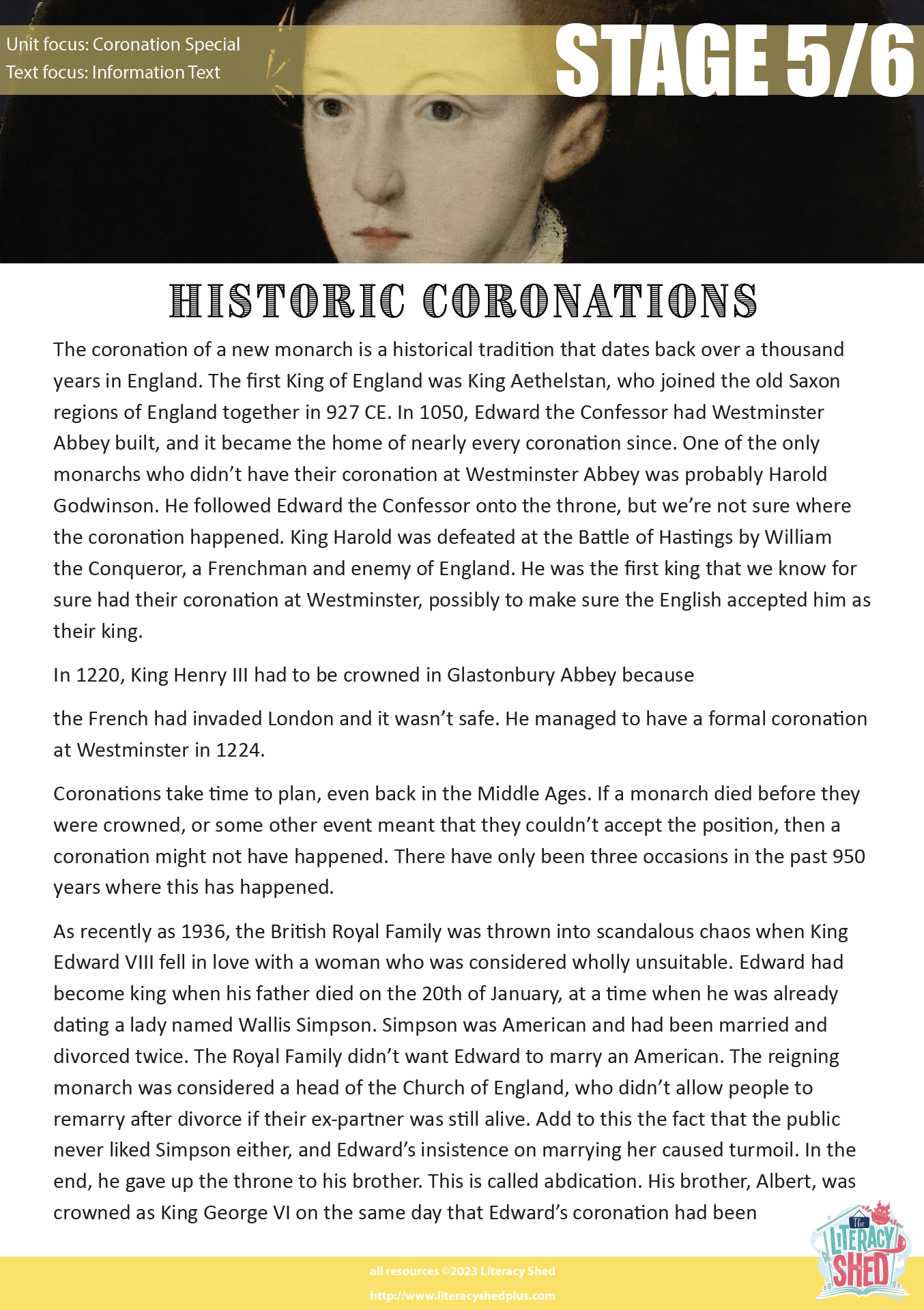 Literacy Shed Plus - LitShed Resource // Historic Coronations Stage 5 6 ...