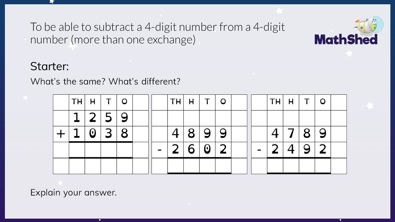 MathShed Lesson 7 To Be Able To Subtract A 4 digit Number From A 4 